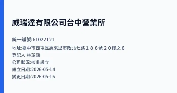威瑞達有限公司台中營業所的照片-統編 61022121(臺中市) 公司登記資料與營業項目詳細圖表