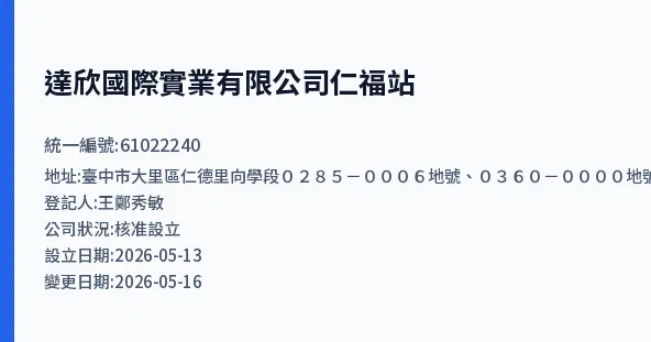 達欣國際實業有限公司仁福站的照片-統編 61022240(臺中市) 公司登記資料與營業項目詳細圖表