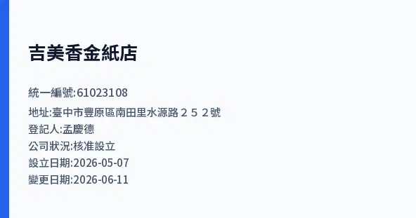 吉美香金紙店的照片-統編 61023108(臺中市) 公司登記資料與營業項目詳細圖表