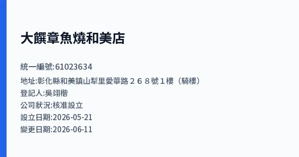 大饌章魚燒和美店的照片-統編 61023634(彰化縣) 公司登記資料與營業項目詳細圖表