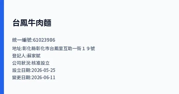 台鳳牛肉麵的照片-統編 61023986(彰化縣) 公司登記資料與營業項目詳細圖表