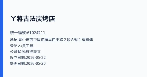 ㄚ將古法炭烤店的照片-統編 61024211(臺中市) 公司登記資料與營業項目詳細圖表