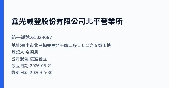 鑫光威登股份有限公司北平營業所的照片-統編 61024697(臺中市) 公司登記資料與營業項目詳細圖表