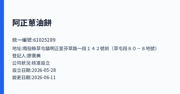 阿正蔥油餅的照片-統編 61025289(南投縣) 公司登記資料與營業項目詳細圖表