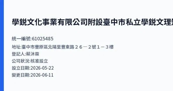 學鋭文化事業有限公司附設臺中市私立學鋭文理短期補習班的照片-統編 61025485(臺中市) 公司登記資料與營業項目詳細圖表