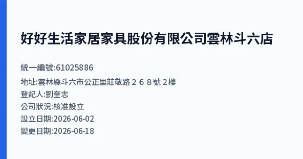 好好生活家居家具股份有限公司雲林斗六店的照片-統編 61025886(雲林縣) 公司登記資料與營業項目詳細圖表