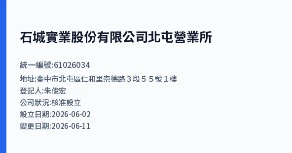 石城實業股份有限公司北屯營業所的照片-統編 61026034(臺中市) 公司登記資料與營業項目詳細圖表