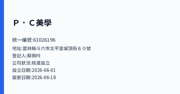 P.C美學的照片-統編 61026196(雲林縣) 公司登記資料與營業項目詳細圖表