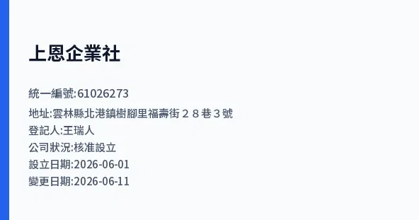 上恩企業社的照片-統編 61026273(雲林縣) 公司登記資料與營業項目詳細圖表