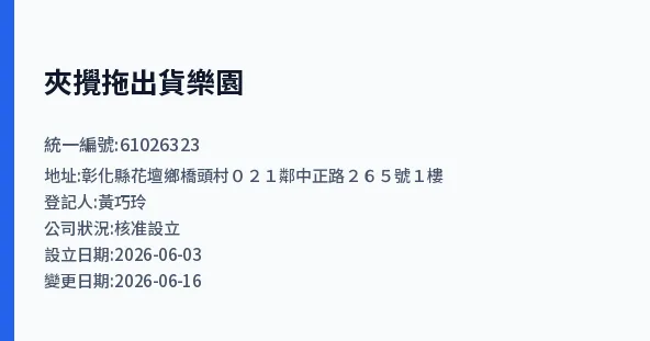 夾攪拖出貨樂園的照片-統編 61026323(彰化縣) 公司登記資料與營業項目詳細圖表
