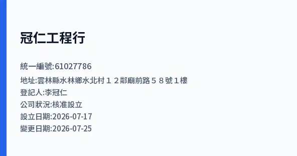 冠仁工程行的照片-統編 61027786(雲林縣) 公司登記資料與營業項目詳細圖表