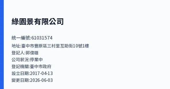 綠園景有限公司的照片-統編 61031574(臺中市) 公司登記資料與營業項目詳細圖表