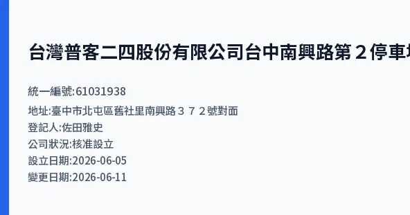 台灣普客二四股份有限公司台中南興路第2停車場的照片-統編 61031938(臺中市) 公司登記資料與營業項目詳細圖表