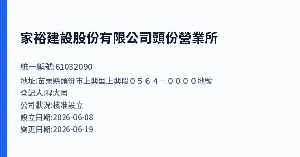 家裕建設股份有限公司頭份營業所的照片-統編 61032090(苗栗縣) 公司登記資料與營業項目詳細圖表