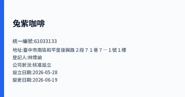 兔紫咖啡的照片-統編 61033133(臺中市) 公司登記資料與營業項目詳細圖表