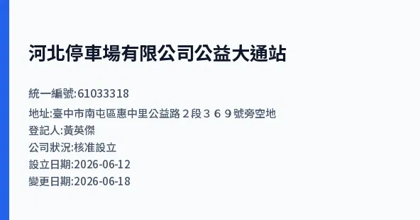河北停車場有限公司公益大通站的照片-統編 61033318(臺中市) 公司登記資料與營業項目詳細圖表