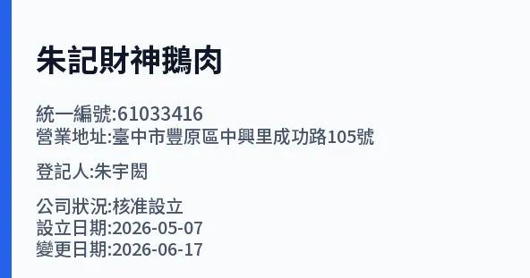 朱記財神鵝肉的照片-統編 61033416 公司登記資料與營業項目詳細圖表