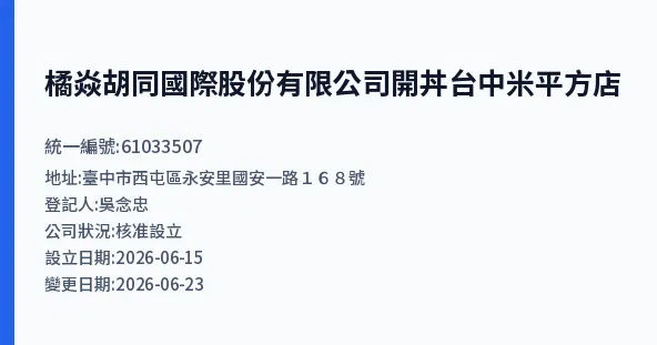 橘焱胡同國際股份有限公司開丼台中米平方店的照片-統編 61033507(臺中市) 公司登記資料與營業項目詳細圖表