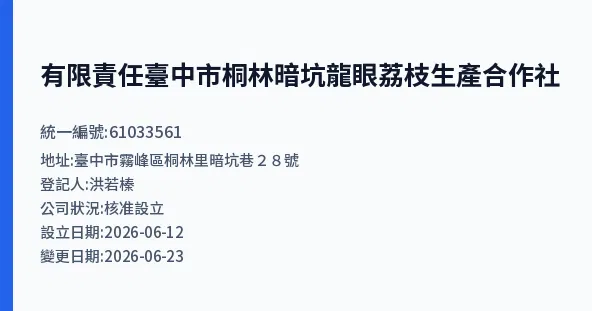 有限責任臺中市桐林暗坑龍眼荔枝生產合作社的照片-統編 61033561(臺中市) 公司登記資料與營業項目詳細圖表