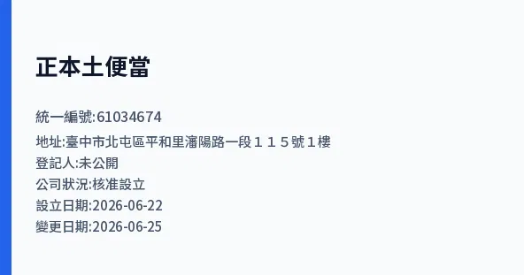 正本土便當的照片-統編 61034674(臺中市) 公司登記資料與營業項目詳細圖表