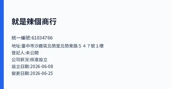 就是辣個商行的照片-統編 61034766(臺中市) 公司登記資料與營業項目詳細圖表