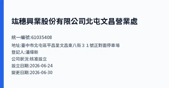 竑穗興業股份有限公司北屯文昌營業處的照片-統編 61035408(臺中市) 公司登記資料與營業項目詳細圖表