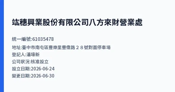 竑穗興業股份有限公司八方來財營業處的照片-統編 61035478(臺中市) 公司登記資料與營業項目詳細圖表