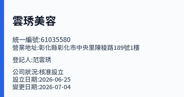 雲琇美容的照片-統編 61035580(彰化縣) 公司登記資料與營業項目詳細圖表