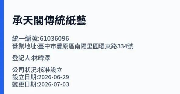 承天閣傳統紙藝的照片-統編 61036096(臺中市) 公司登記資料與營業項目詳細圖表