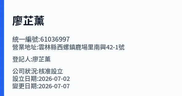 廖芷薰的照片-統編 61036997(雲林縣) 公司登記資料與營業項目詳細圖表