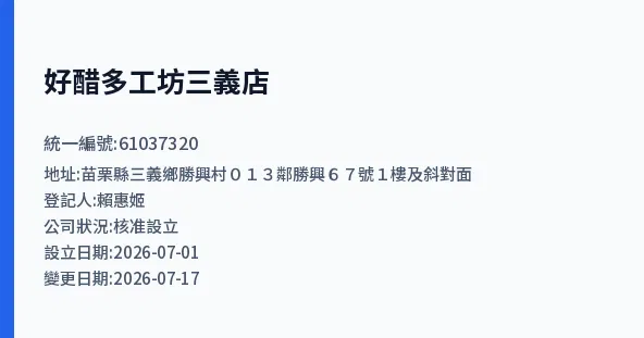 好醋多工坊三義店的照片-統編 61037320(苗栗縣) 公司登記資料與營業項目詳細圖表