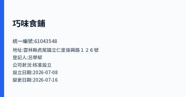 巧味食鋪的照片-統編 61043548(雲林縣) 公司登記資料與營業項目詳細圖表