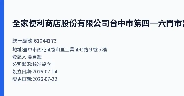全家便利商店股份有限公司台中市第四一六門市部的照片-統編 61044173(臺中市) 公司登記資料與營業項目詳細圖表