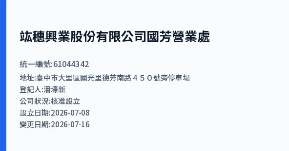 竑穗興業股份有限公司國芳營業處的照片-統編 61044342(臺中市) 公司登記資料與營業項目詳細圖表