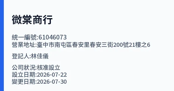 微棠商行的照片-統編 61046073(臺中市) 公司登記資料與營業項目詳細圖表