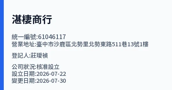 湛棲商行的照片-統編 61046117(臺中市) 公司登記資料與營業項目詳細圖表
