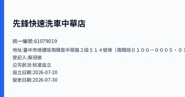 先鋒快速洗車中華店的照片-統編 61079019(臺中市) 公司登記資料與營業項目詳細圖表