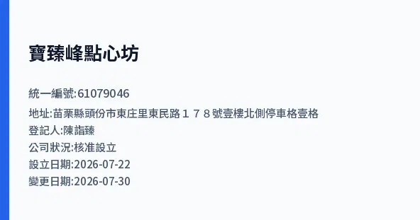 寶臻峰點心坊的照片-統編 61079046(苗栗縣) 公司登記資料與營業項目詳細圖表