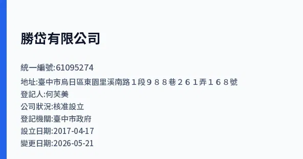 勝岱有限公司的照片-統編 61095274(臺中市) 公司登記資料與營業項目詳細圖表