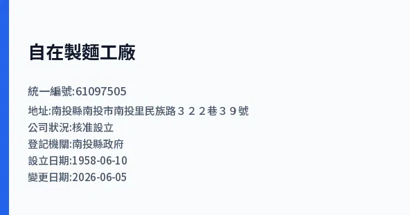 自在製麵工廠的照片-統編 61097505(南投縣) 公司登記資料與營業項目詳細圖表
