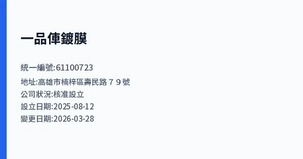 一品俥鍍膜的照片-統編 61100723(高雄市) 公司登記資料與營業項目詳細圖表