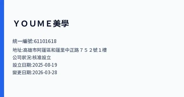 YOU ME美學的照片-統編 61101618(高雄市) 公司登記資料與營業項目詳細圖表
