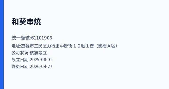 和葵串燒的照片-統編 61101906(高雄市) 公司登記資料與營業項目詳細圖表