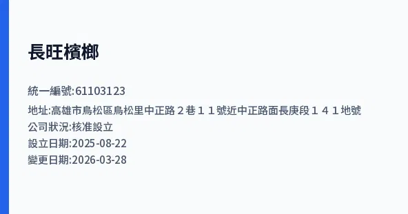 長旺檳榔的照片-統編 61103123(高雄市) 公司登記資料與營業項目詳細圖表