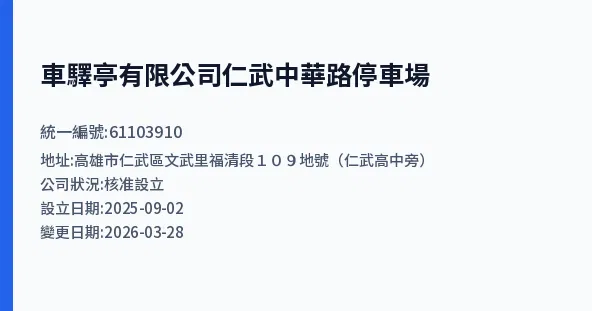 車驛亭有限公司仁武中華路停車場的照片-統編 61103910(高雄市) 公司登記資料與營業項目詳細圖表