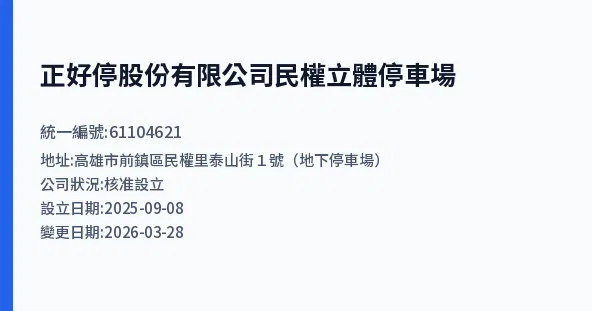正好停股份有限公司民權立體停車場的照片-統編 61104621(高雄市) 公司登記資料與營業項目詳細圖表