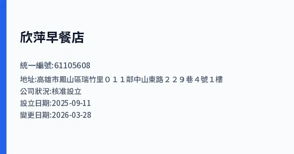 欣萍早餐店的照片-統編 61105608(高雄市) 公司登記資料與營業項目詳細圖表