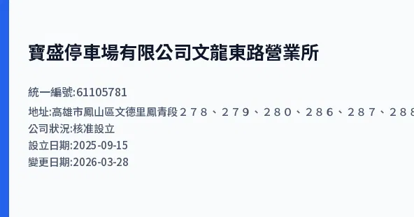 寶盛停車場有限公司文龍東路營業所的照片-統編 61105781(高雄市) 公司登記資料與營業項目詳細圖表