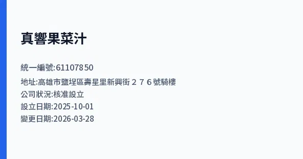 真響果菜汁的照片-統編 61107850(高雄市) 公司登記資料與營業項目詳細圖表