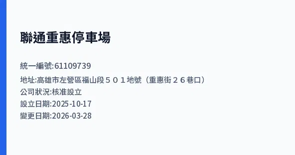聯通重惠停車場的照片-統編 61109739(高雄市) 公司登記資料與營業項目詳細圖表